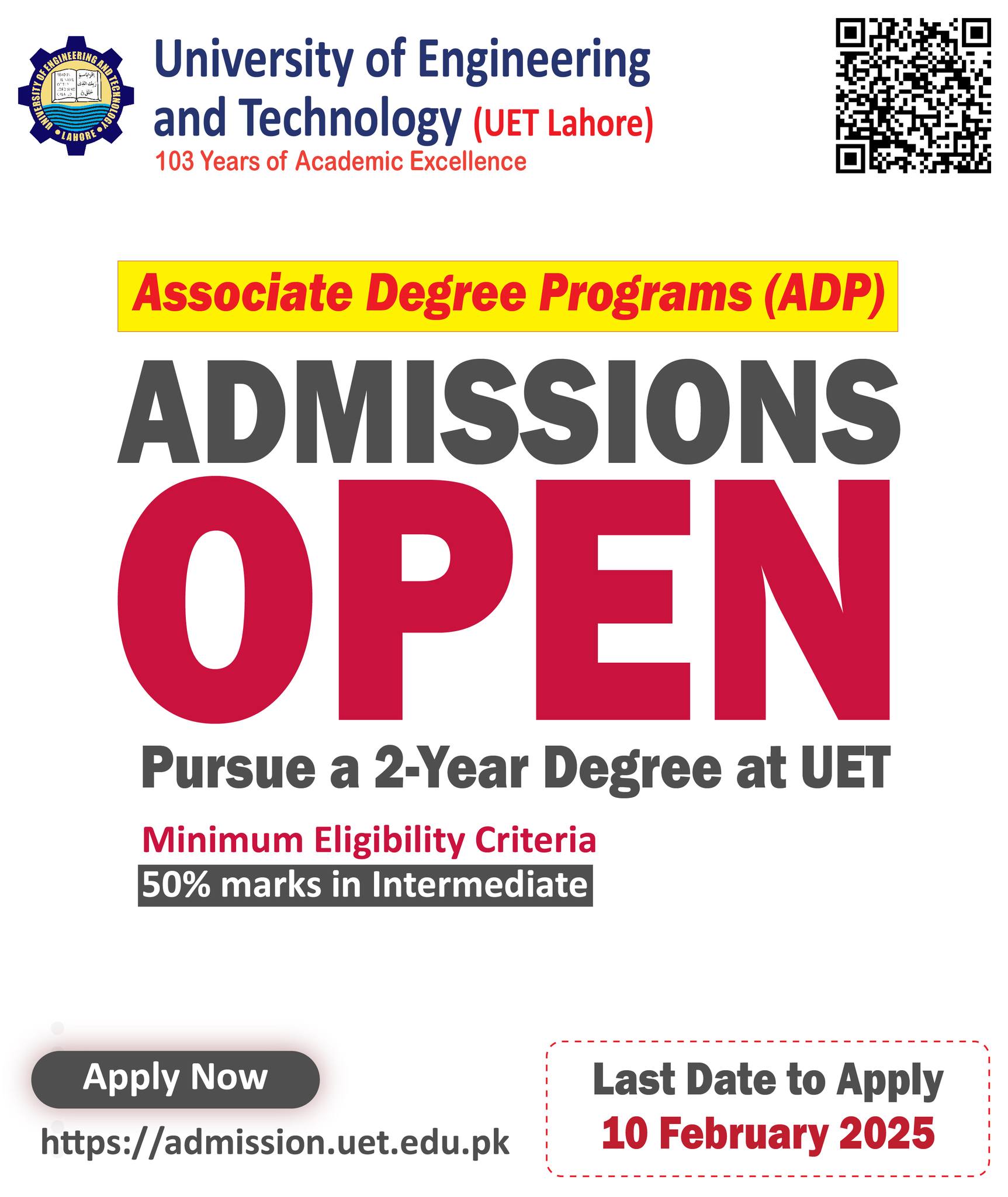 Admissions Open at UET Lahore - Tuesday 1/7/25, 1:25 AM