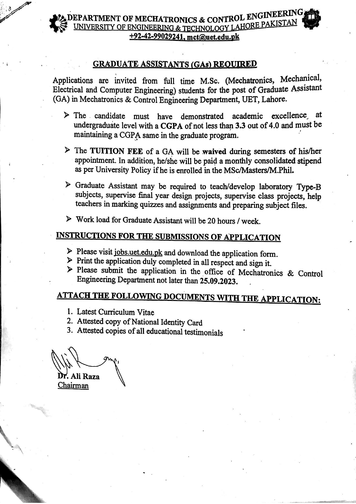 Graduate Assistant Required at Department of Mechatronics & Control ...