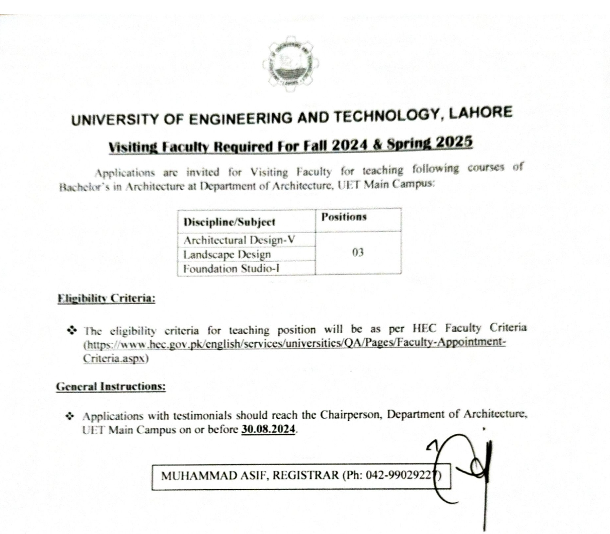 Visiting Faculty Positions Available for Fall 2024 & Spring 2025 at UET ...