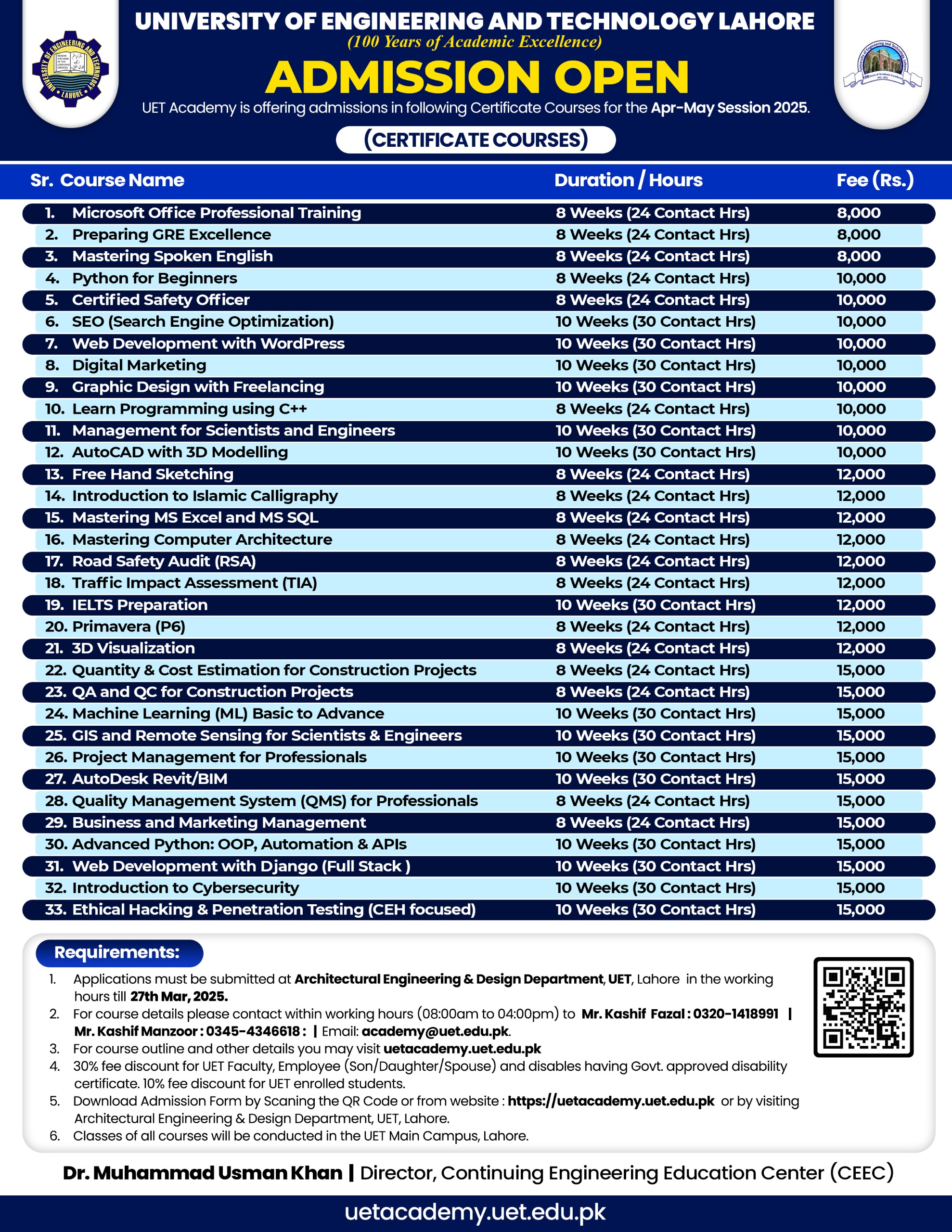 UET is offering admissions in (8 to 10 weeks) Short Courses ...